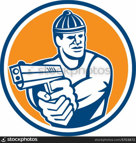 Illustration of a robber criminal gangster pointing gun set inside ...