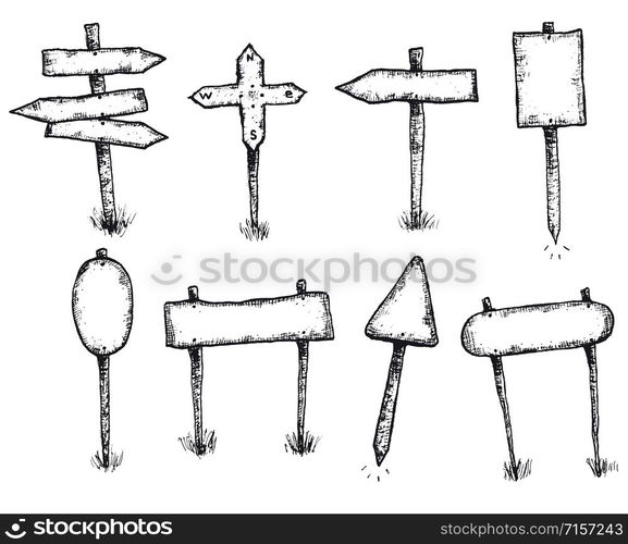 Illustration of a set of doodle hand drawn road signs and wood panels ...
