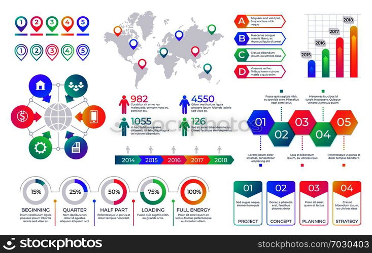 Infographic chart. Timeline graph elements with flow diagrams and ...