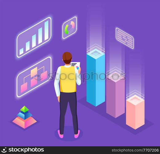 Infographics, analysis visual graphics, pyramid chart, man worker with ...