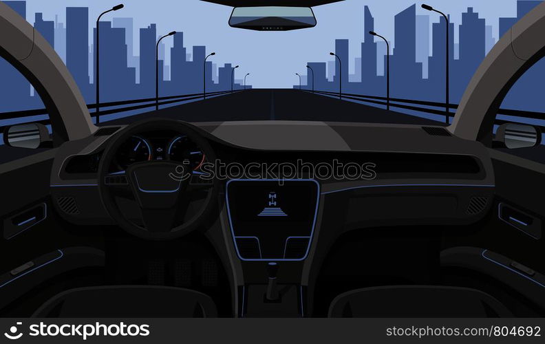 Inside car driver view with rudder, dashboard front panel and highway ...