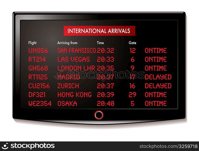 international flight arrivals display board with time and gate numbers ...
