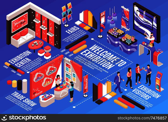 Isometric expo stand horizontal composition with infographic elements ...