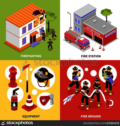Isometric firefighter 2x2 design concept with firefighting brigade ...