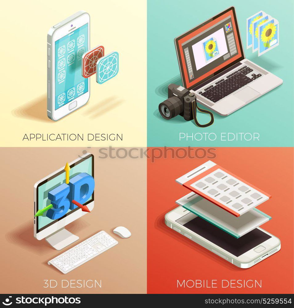 Isometric Graphic Design Set. Isometric 2x2 concept set of various ...