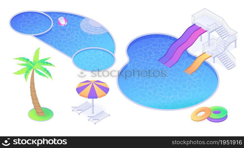 Isometric Swimming Pool Slides Palm Tree And Umbrella With Chaise