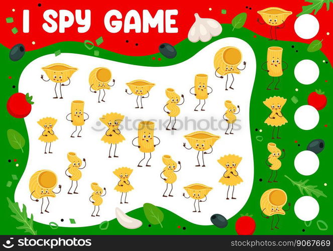 Italian pasta characters i spy game vector worksheet. Puzzle quiz or ...