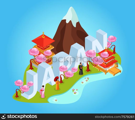 Japan title tourist booklet guide isometric composition with fuji ...