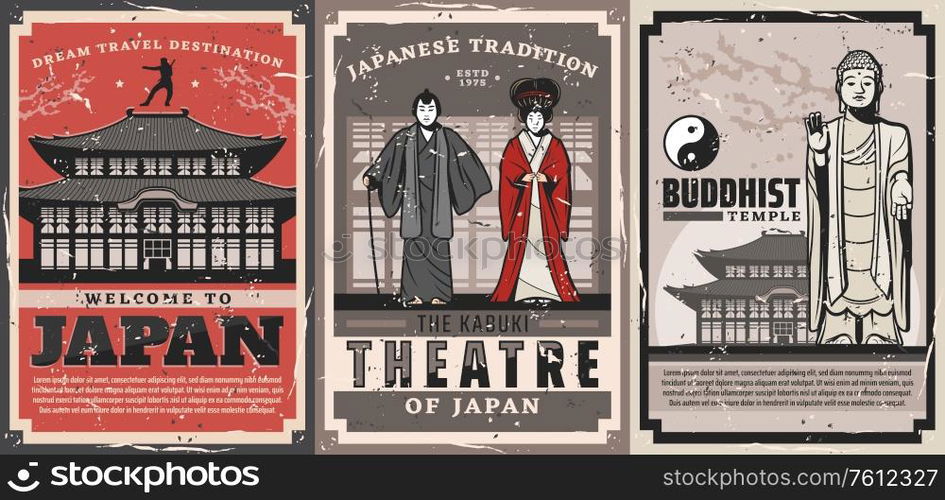 Japan travel vector retro posters. Japanese culture traditions, vintage ...