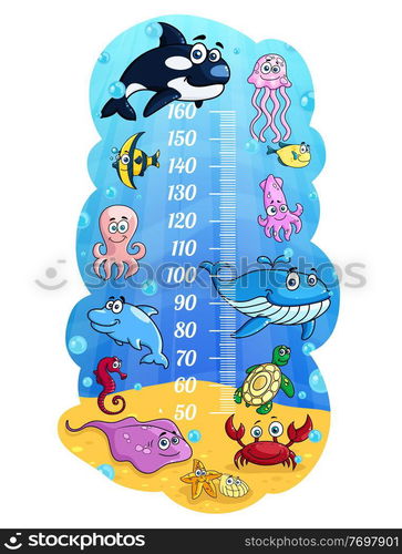 Kids height chart, cartoon sea animals growth measure meter with cute ...