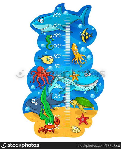 Kids height chart, cartoon sea animals growth meter. Vector measure ...