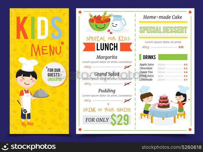 Kids Restaurant Menu Design. Kids cooking illustration menu with flat ...