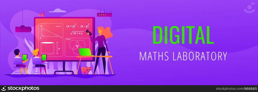 Kids studying mathematics in digital classroom with teacher, tiny ...