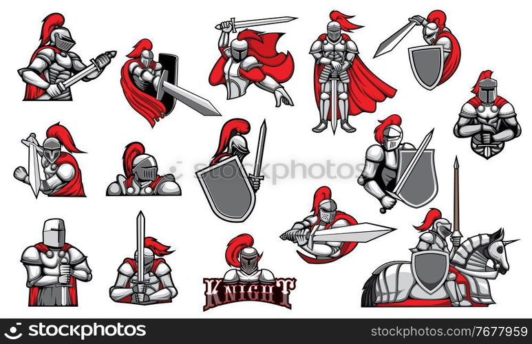 Knights with swords, isolated heraldic vector mascots. Heraldic symbols ...