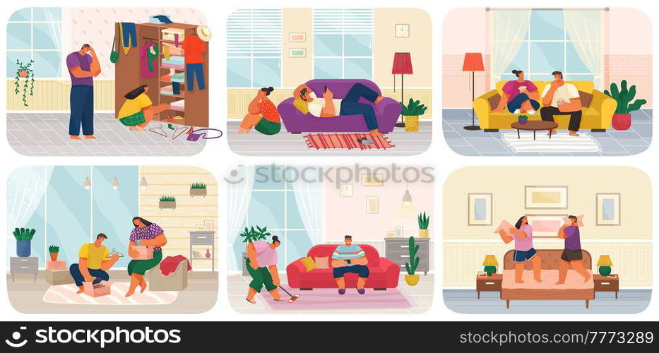 Life of young couple, set of scenes from everyday household chores ...