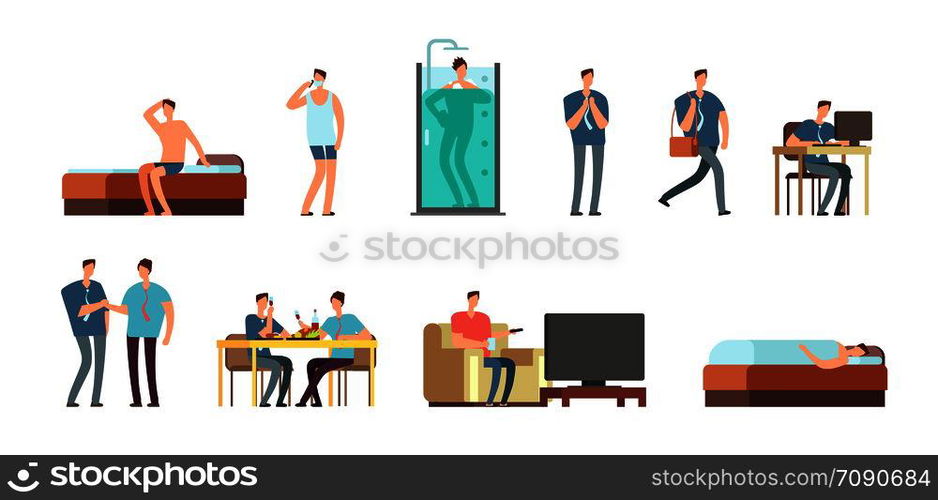 Man in everyday life. People daily routine vector cartoon businessman ...