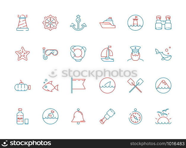 Marine icon collection. Nautical sea or ocean symbols fish boat map ...