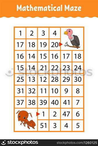 Mathematical rectangle maze. Ant and vulture. Game for kids. Number ...