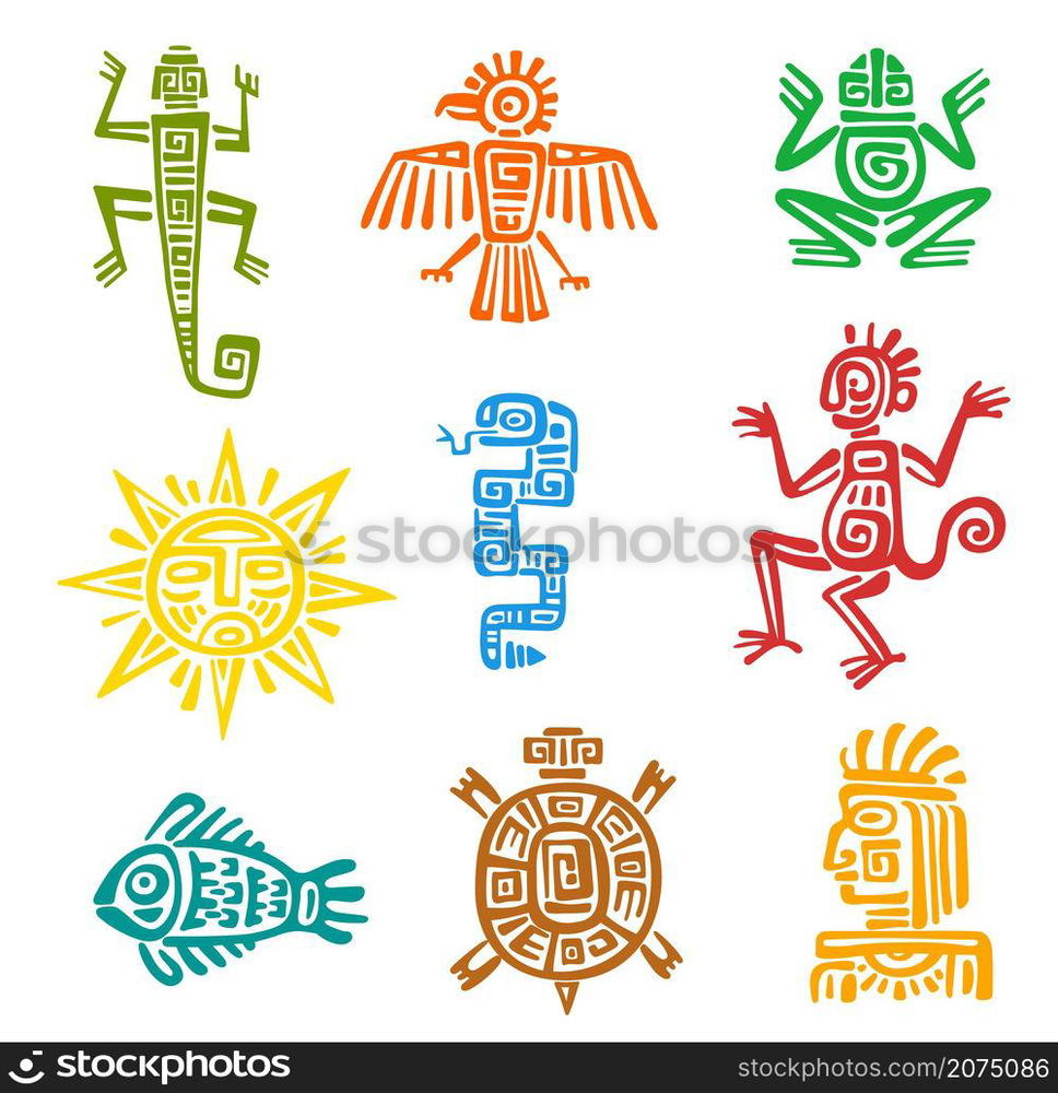 Mayan aztec totem with isolated vector symbols of animals and birds ...