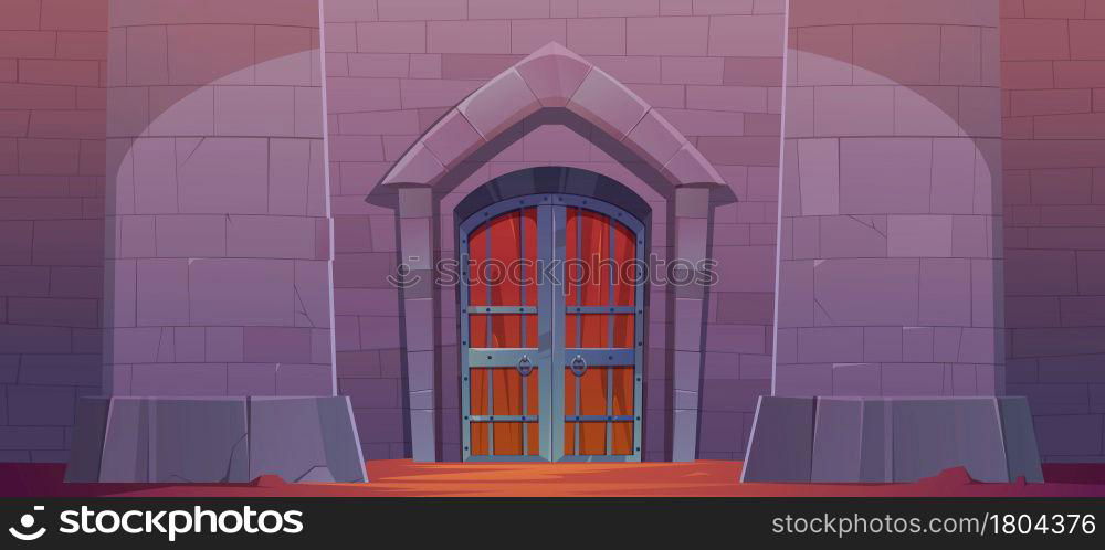 Medieval castle gate, dungeon or palace exterior. Wooden arched door ...