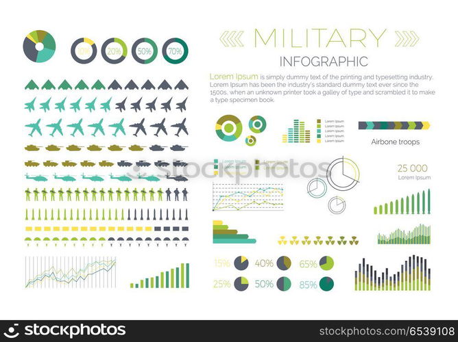 Military infographic elements set. Aircraft, tanks, helicopters ...
