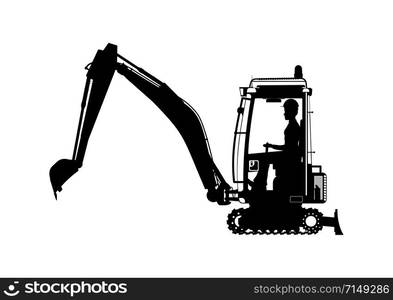 Mini excavator. Silhouette of excavators with an operator inside. Side ...