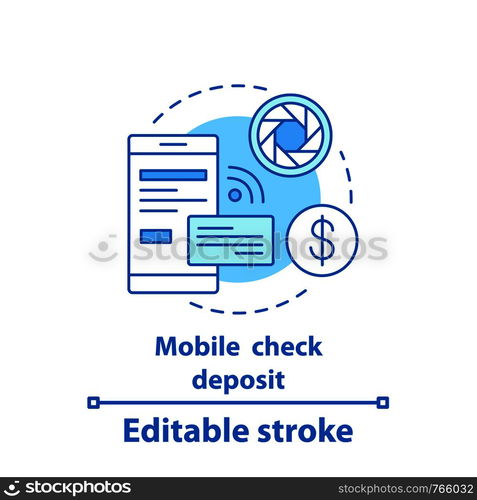 Mobile check deposit concept icon. Online banking app idea thin line ...