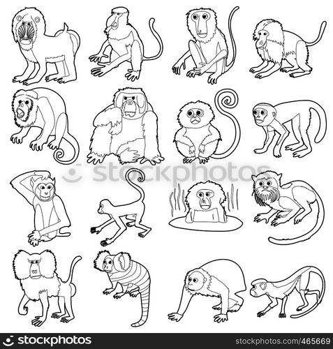 Monkeys types icons set. Outline illustration of 16 monkeys types ...
