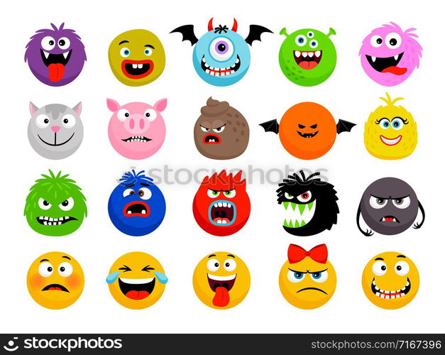 Monster and animal emoticons. Vector cartoon funny monsters, cute ...