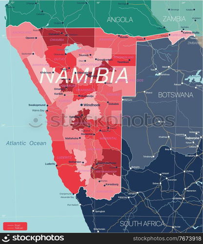 Namibia country detailed editable map with regions cities and towns, roads and railways ...