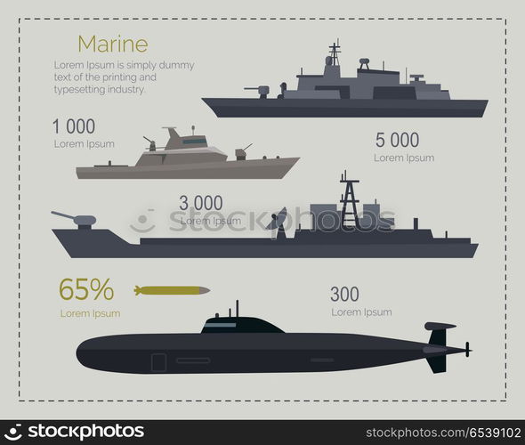 Naval ships infographics. Cruiser, landing and coast guard ships ...