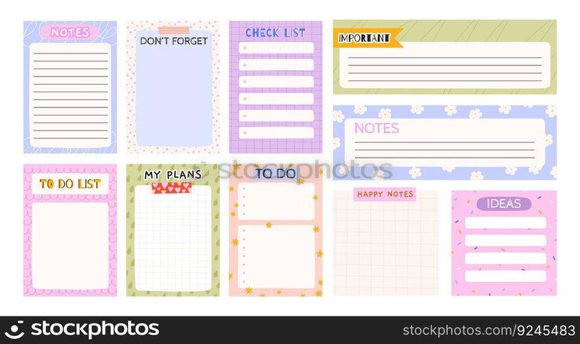 Notepads sheets template. Cartoon kids planner pages, to do and check ...