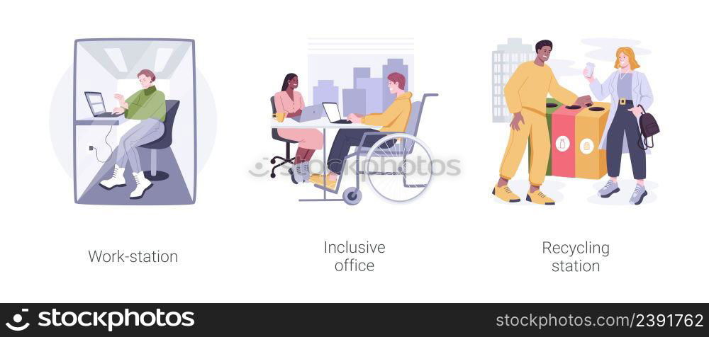 Office design and interior isolated cartoon vector illustrations set ...