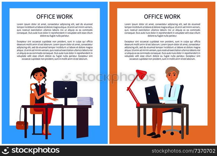 Office work posters with text sample, woman and man at workplace typing ...