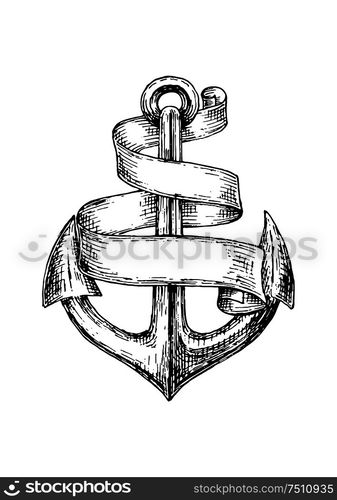 Old heraldic anchor isolated sketch with wavy ribbon banner or paper ...