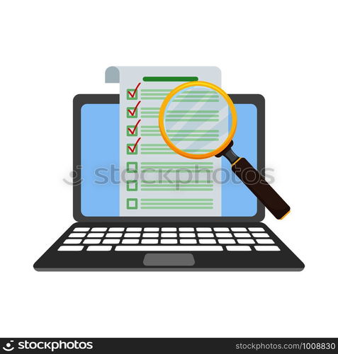 paper check list on laptop under magnifying glass. check list on laptop ...