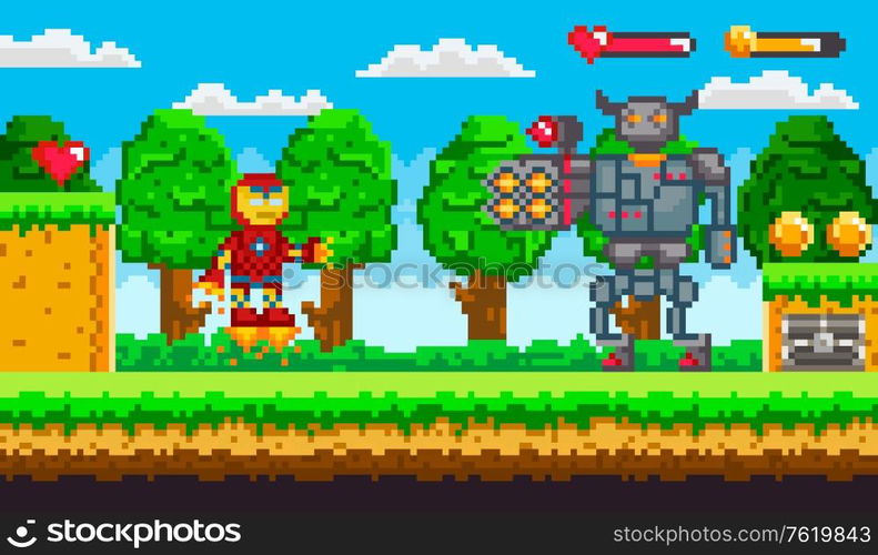 Pixel art 8 bit game ranger or robot and minotaur fighting. Old retro ...