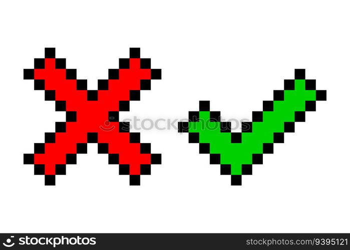 Pixel art check mark and cross mark. Tick and cross sign. Vector ...