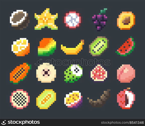 Pixel exotic fruits. Cartoon stylized fruit icons for 2D game, 8-bit ...