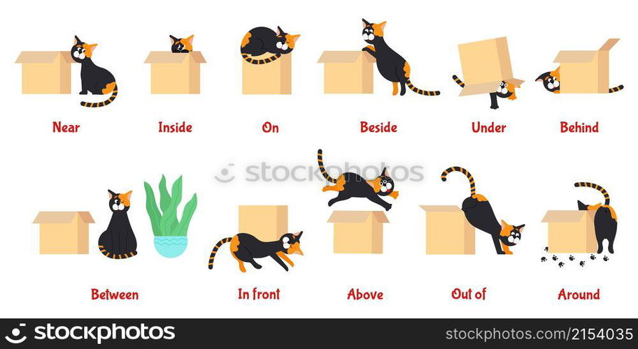 Preposition. Learning english prepositions with cute cat. Preschool ...