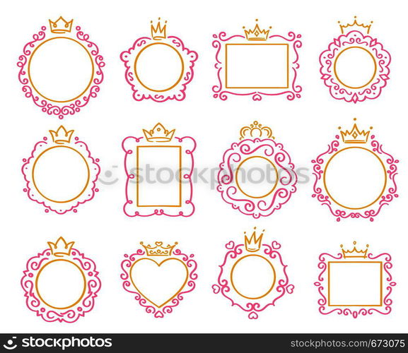 Princess frame. Cute crown border, royal mirror frames and majestic ...
