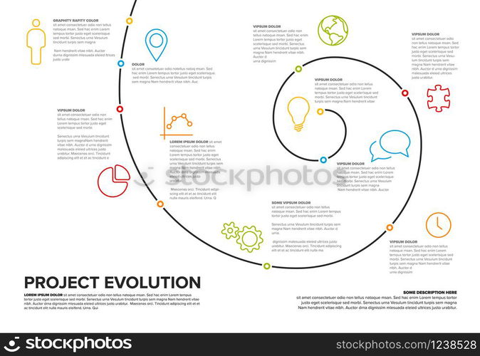 Project evolution timeline template with spiral model and icons - white ...