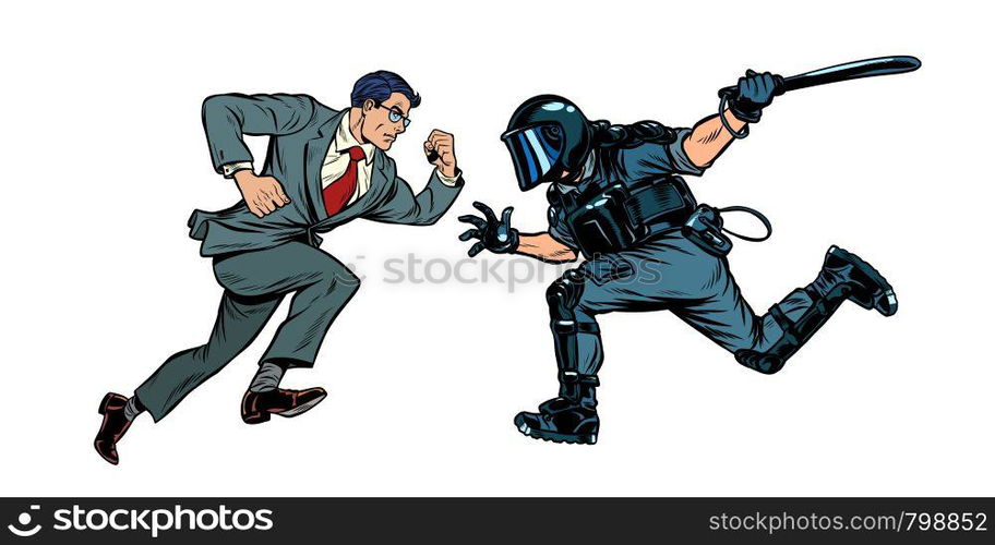 Protesting Man Riot Police With A Baton Pop Art Retro Vector