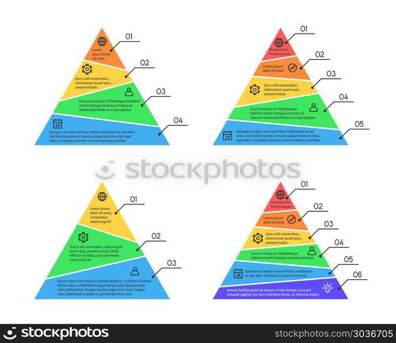 Pyramid, layers chart infographic vector elements with different ...
