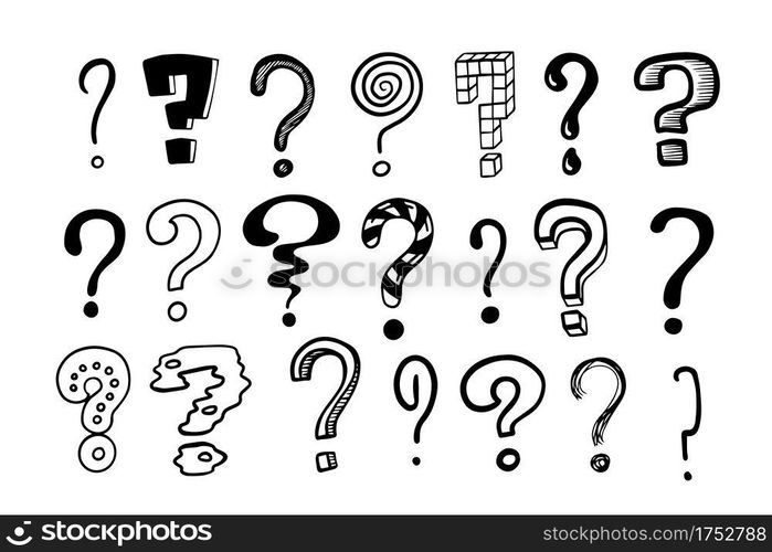 Question marks. Doodle hand drawn isolated set of interrogation signs ...