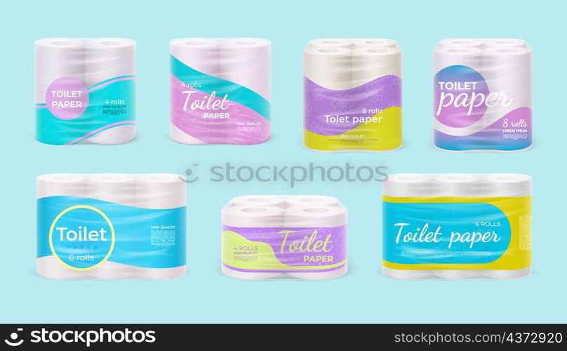 Realistic toilet paper roll package design templates. Plastic wrap for ...