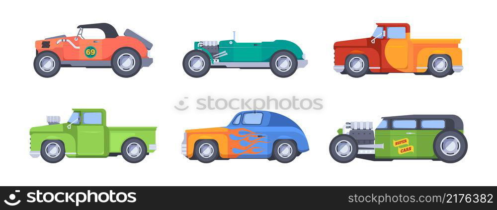 Retro cars. Tuning old vintage vehicles stylish fast models garish ...