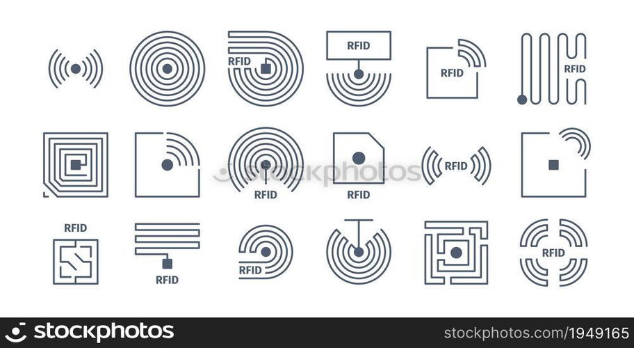 Rfid icons. Radio tagging chips identification wireless semiconductors ...