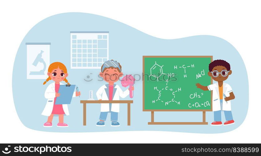 School kids learning class in science laboratory. Vector school science ...
