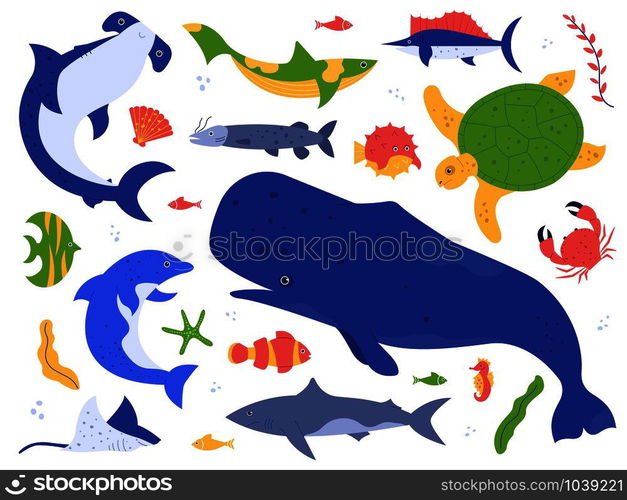 Sea animals species. Ocean animals in their natural habitat. Cute whale ...